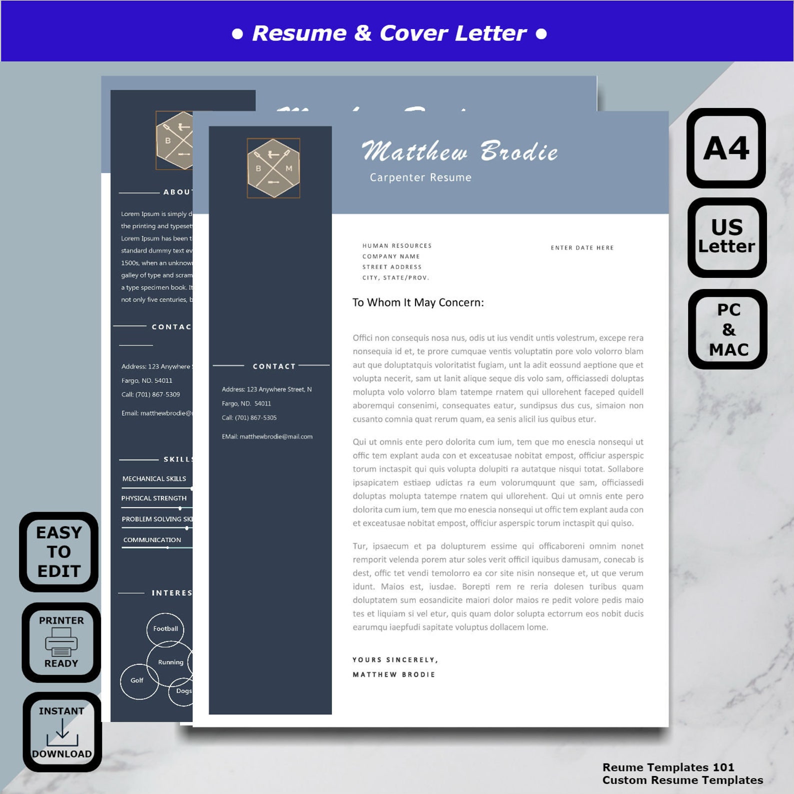 Construction Resume Template Bundle | Carpenter Project Manager ...