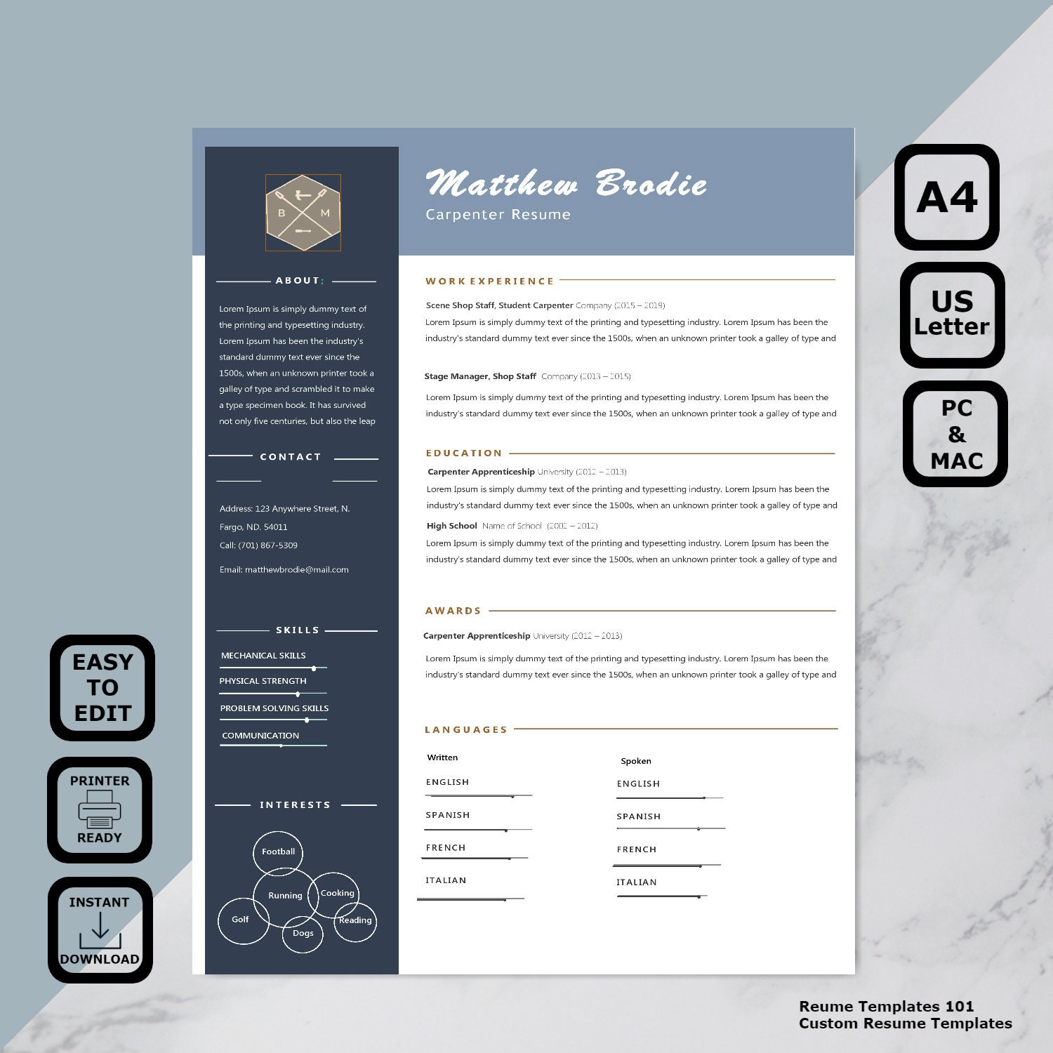 Construction Resume Template Bundle | Carpenter Project Manager ...