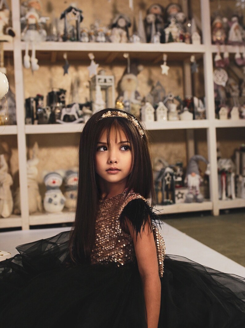 Gold Velvet Top With Sequins Black Feathers Tulle Tutu Flower - Etsy