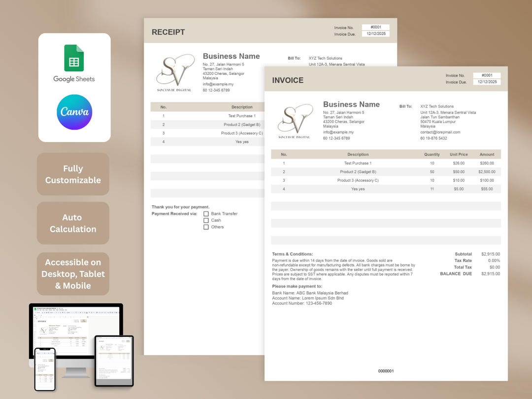 Editable Invoice Receipt Template: Google Sheets & Canva (digital ...