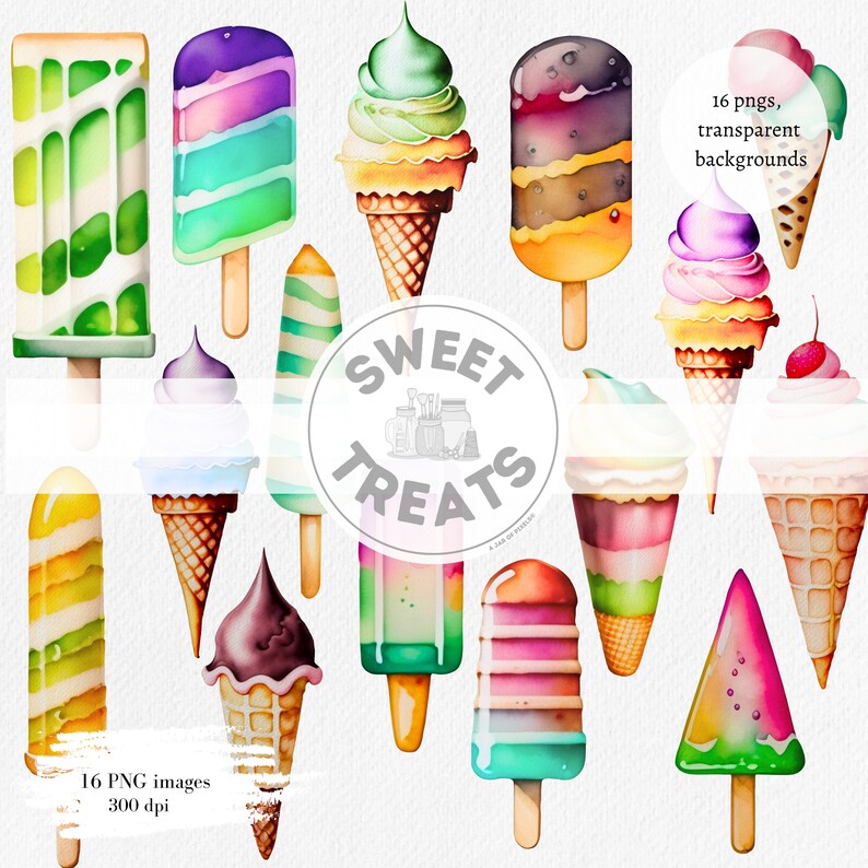 Sweet Treats Watercolor Ice Cream, Popsicle, Lollipop Ice Lolly Clipart ...