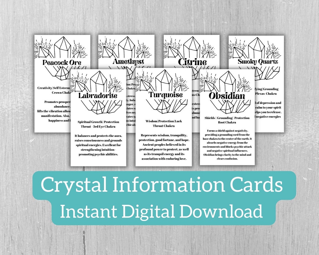 Set of 28 Instant Download Crystal Meaning Cards, Crystal Gemstone ...