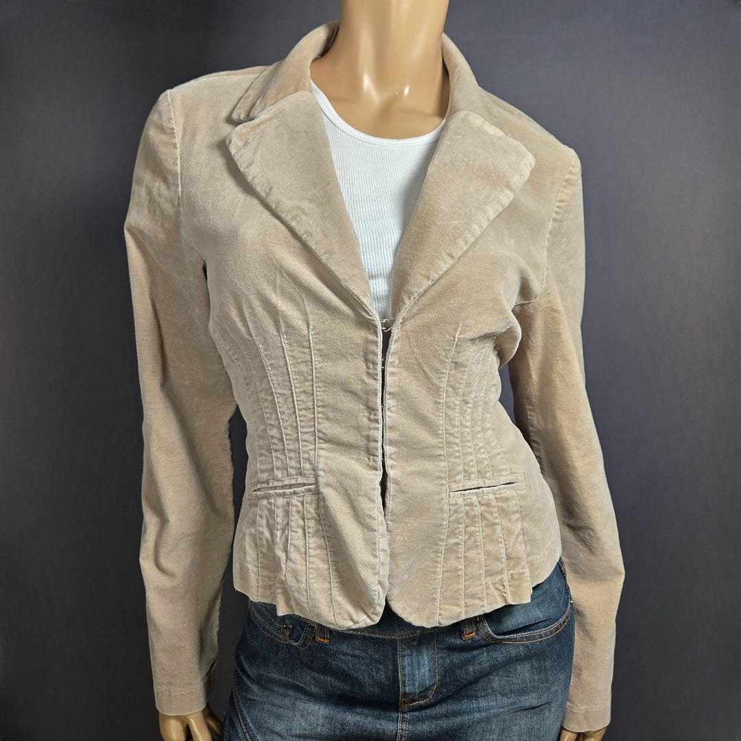 Y2K FANG Beige Velour Fitted Blazer Jacket Size L Office Siren 2000s ...