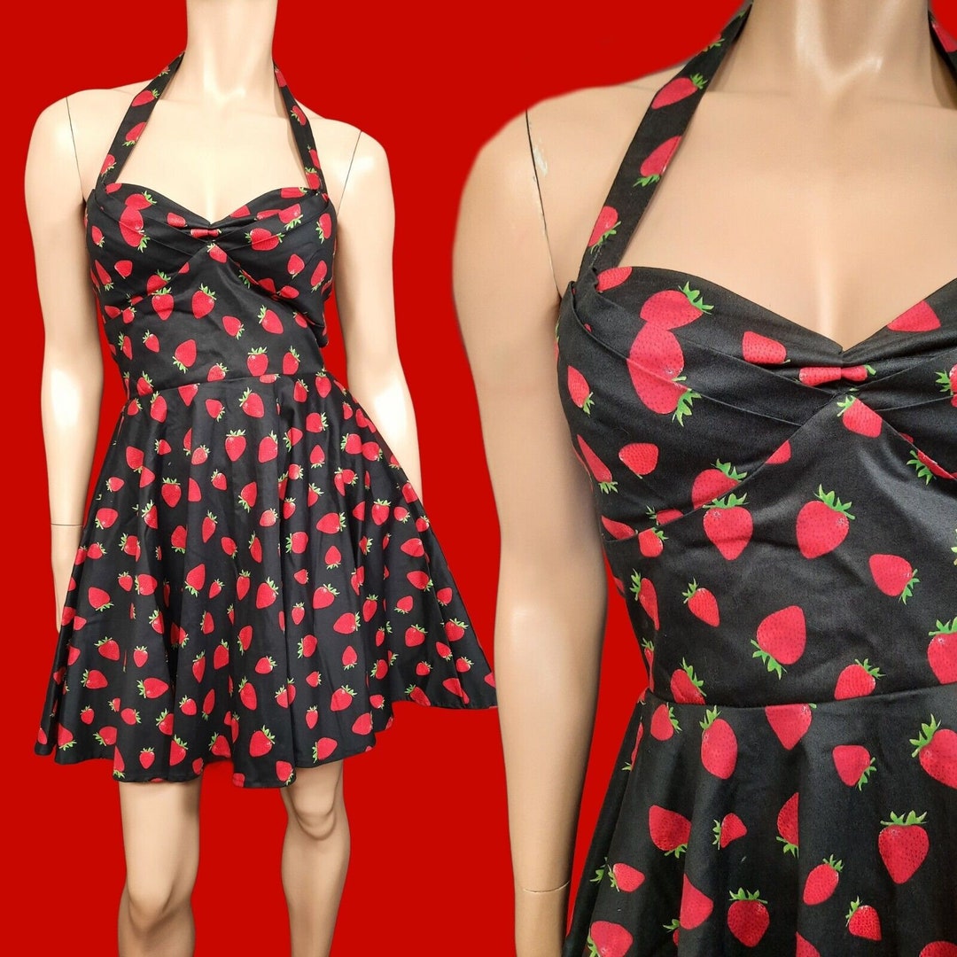Ixia Modcloth Strawberry Print Dress S Retro 50s Rockabilly Fit Flare ...