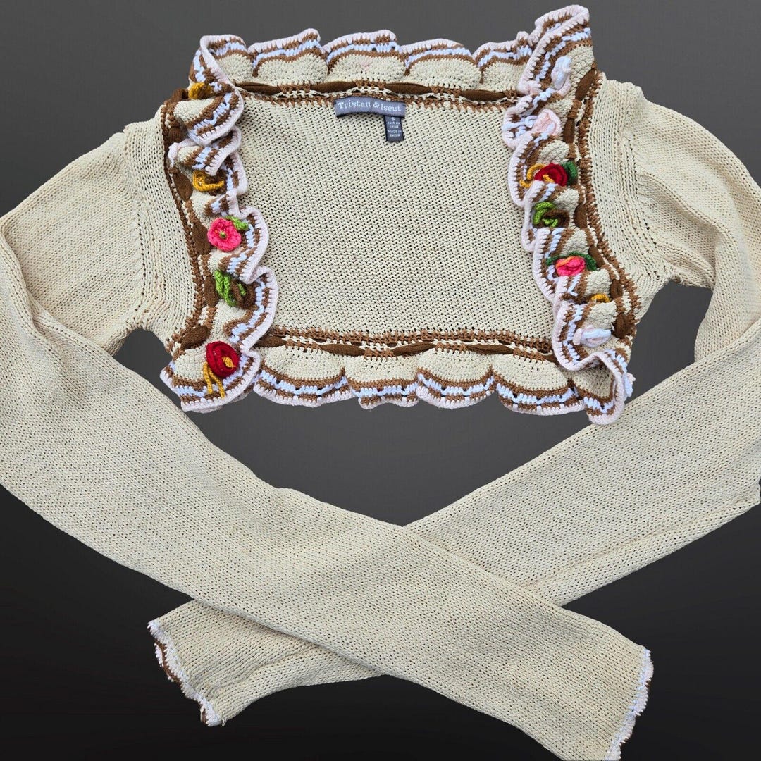 90s Y2K Shrug Cardigan Womens S Crochet Flowers Fairy Cottage Grunge ...