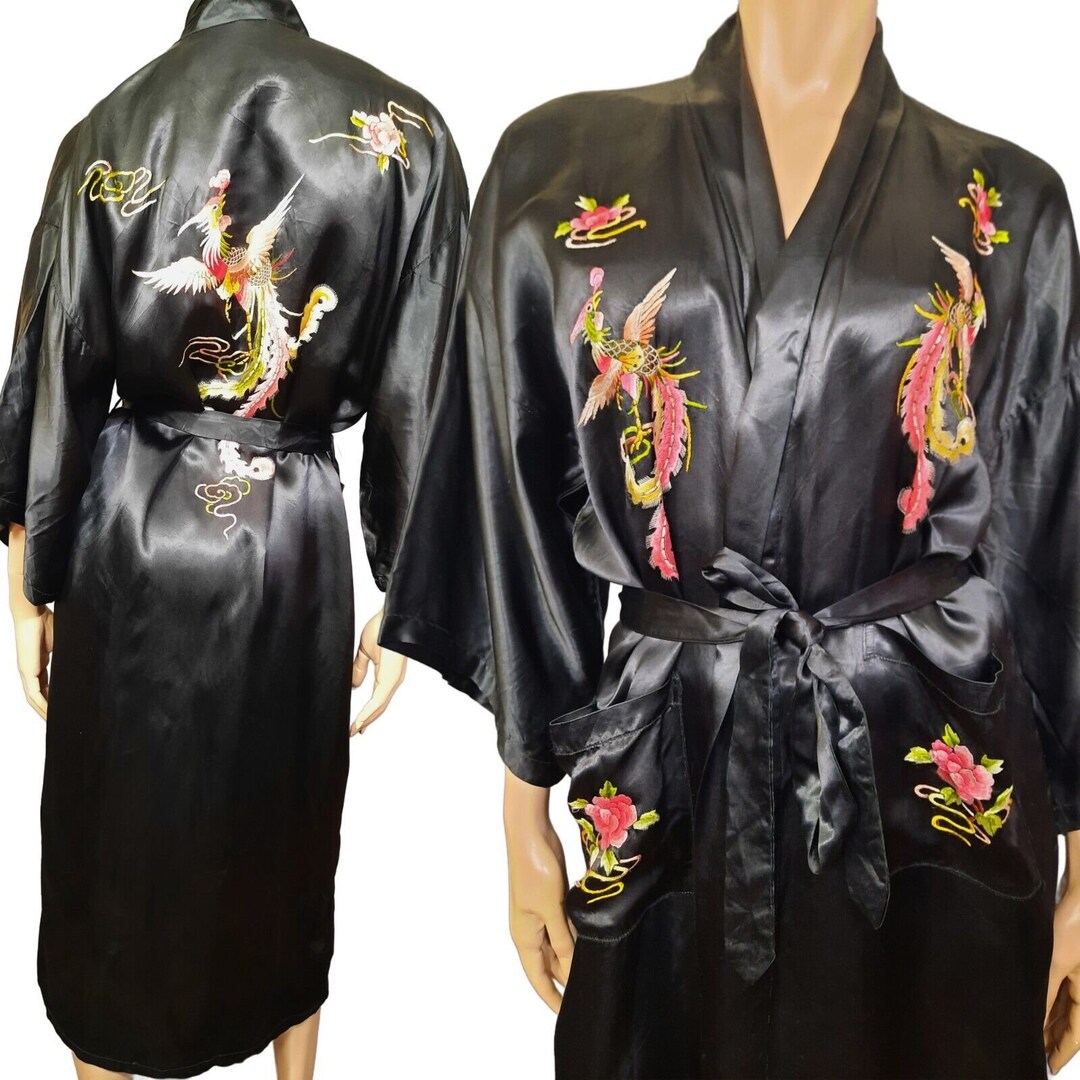 Vintage Black Satin Embroidered Chinese Robe Size S Full Length Belted ...