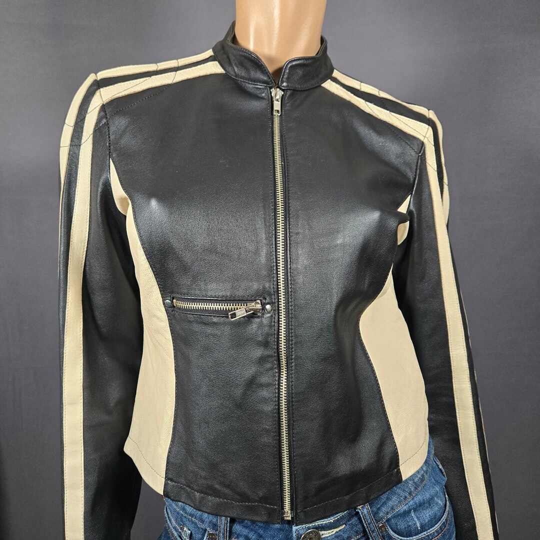 Y2K Cafe Racer Moto Racing Jacket Black Leather Size M Grunge Biker ...
