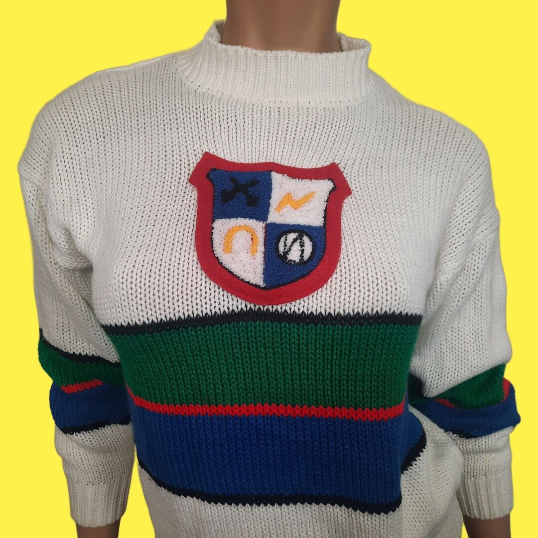 Vintage 80s White Striped Sporty Sweater With Puffy Crest S Mockneck ...