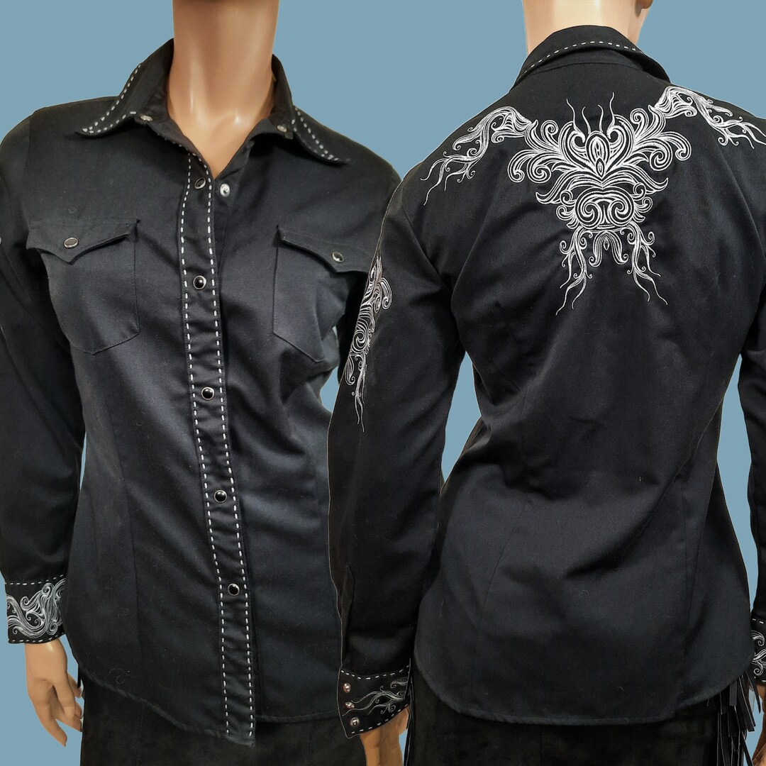 Vintage Roper Western Shirt Womens S Black Silver Grey Embroidered Snap ...