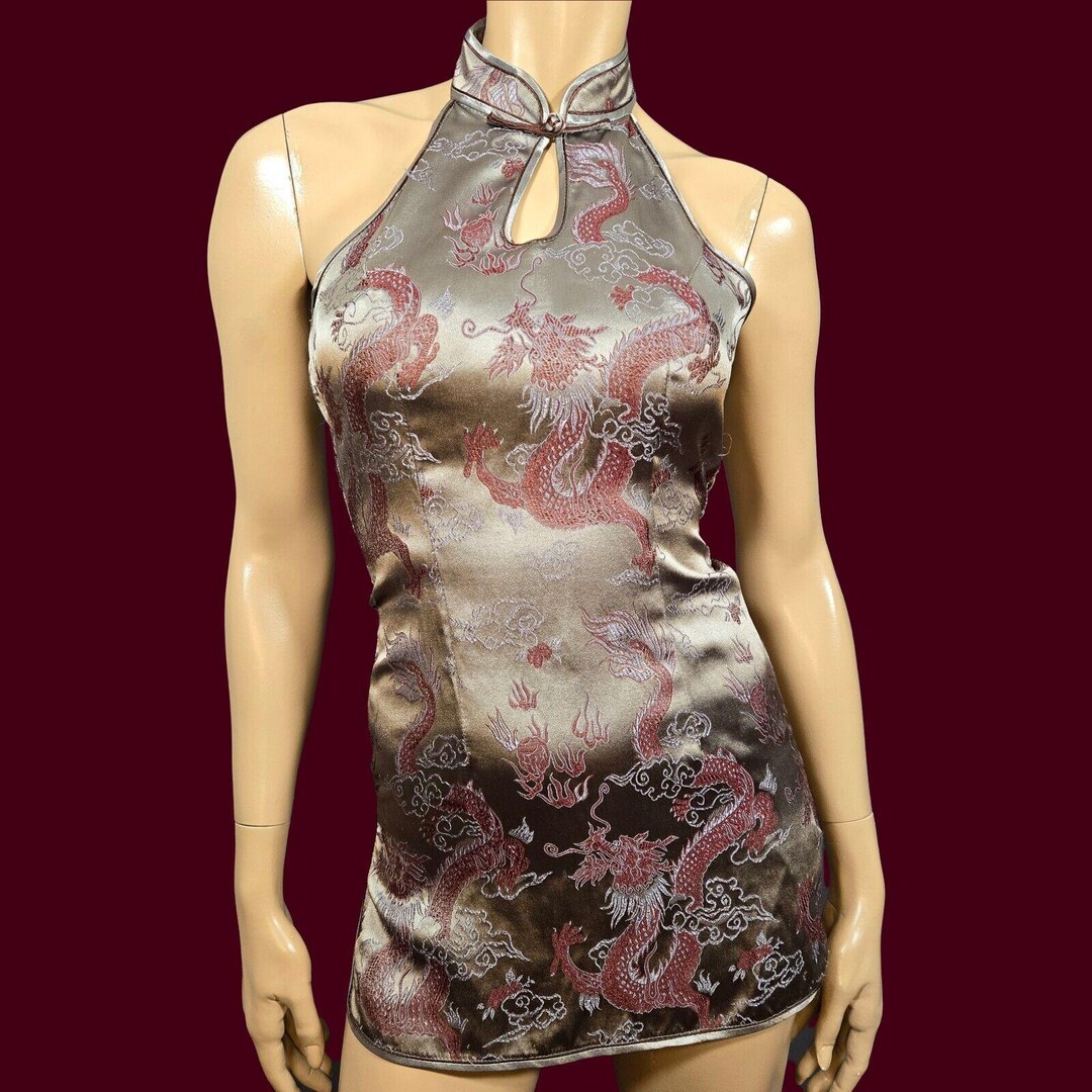 Vintage 90s Y2K Asian Dragon Print Halter Top Embroidered Satin Size XS ...