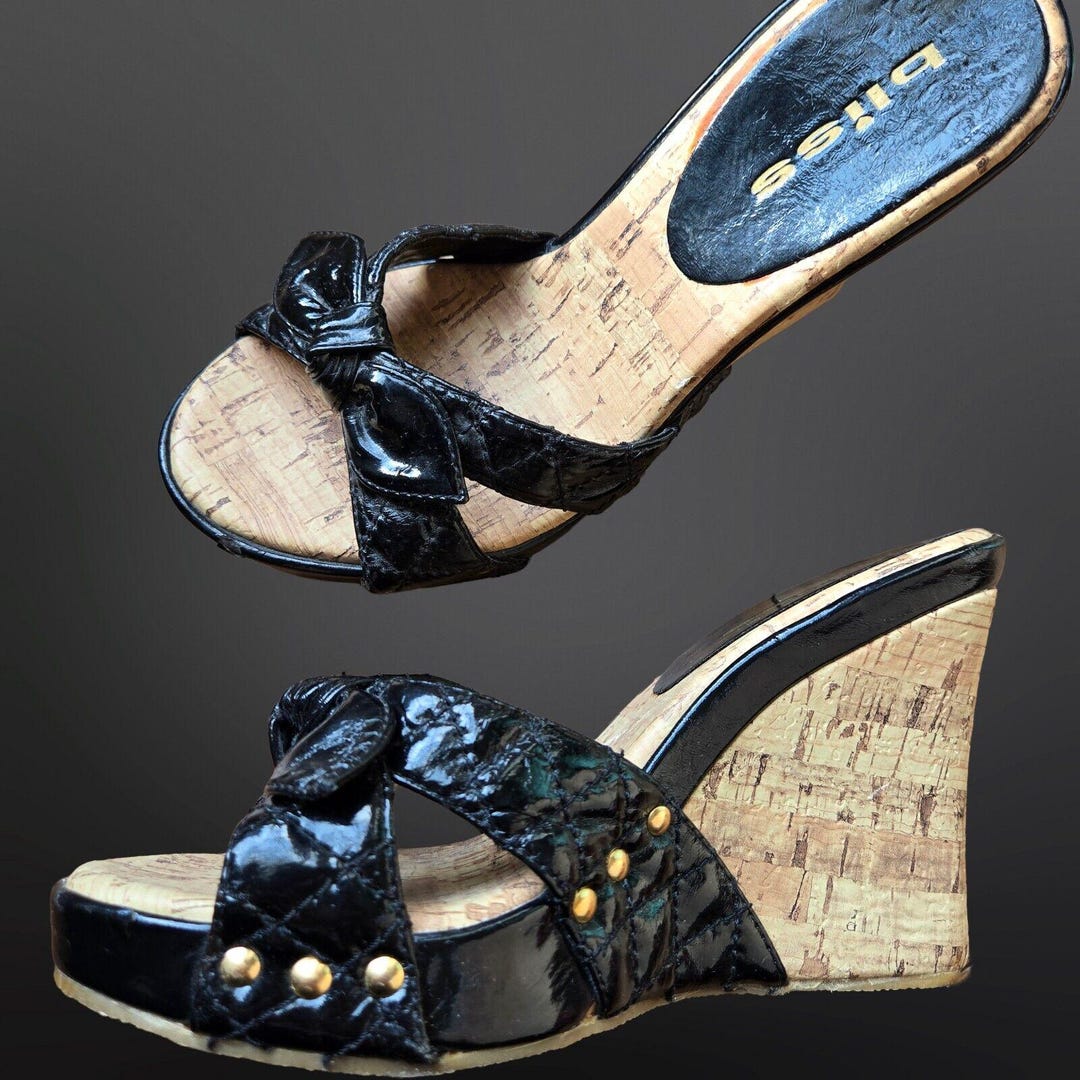 Y2K Platform Wedge Heels Sandals US 6 Black Gold Studded Bows Faux ...