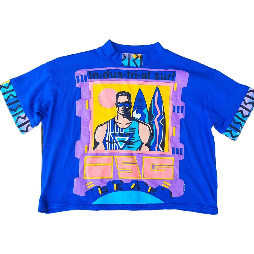 Vintage 80s Cropped Surf T Shirt Womens S Graphic Baby Tee Blue Yellow ...