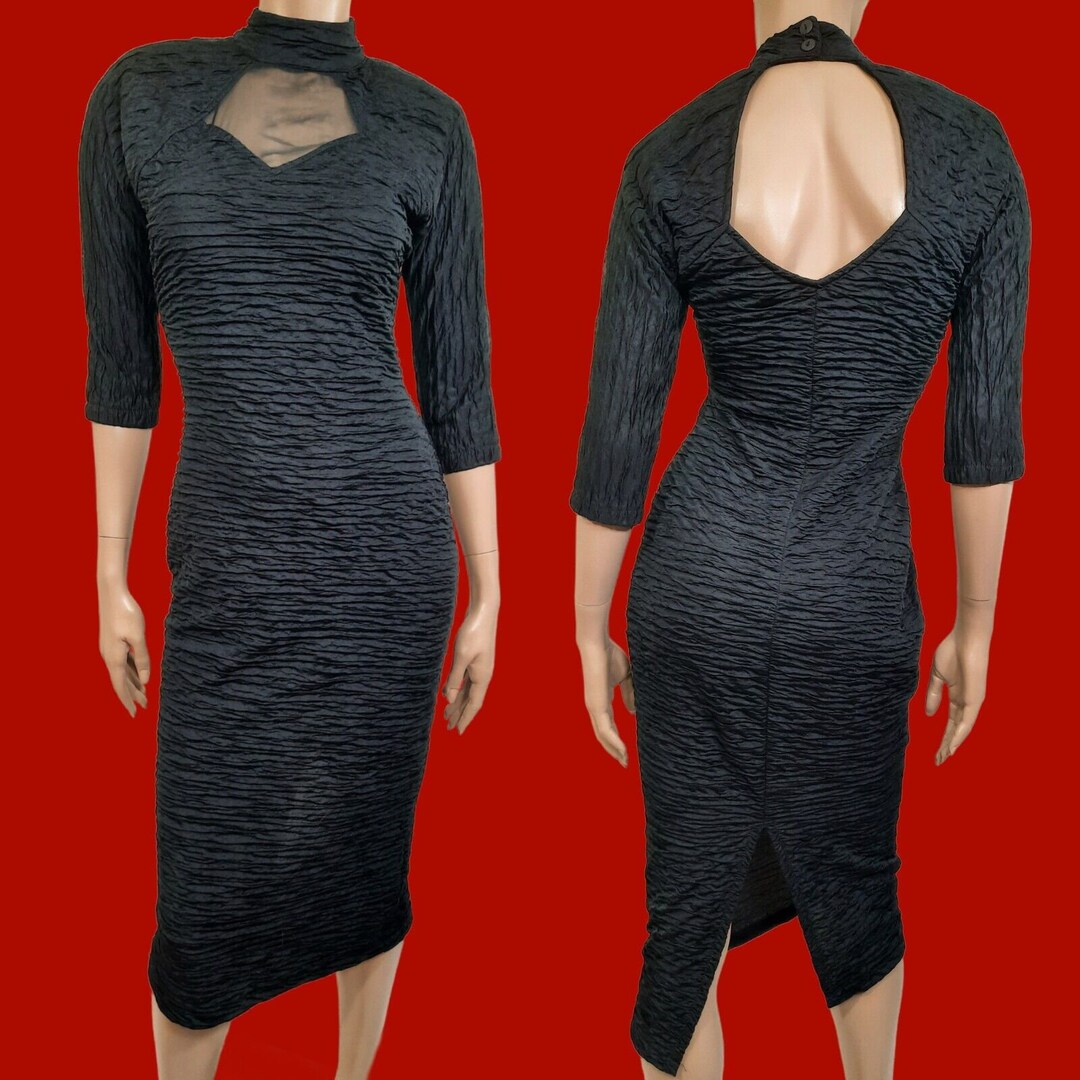 Vintage Black Goth Midi Dress S High Neck Cut Out Textured Crinkled ...