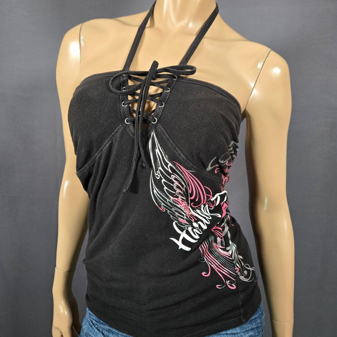 Harley Davidson Halter Top Size M Black Pink Lace up Biker Rocker ...