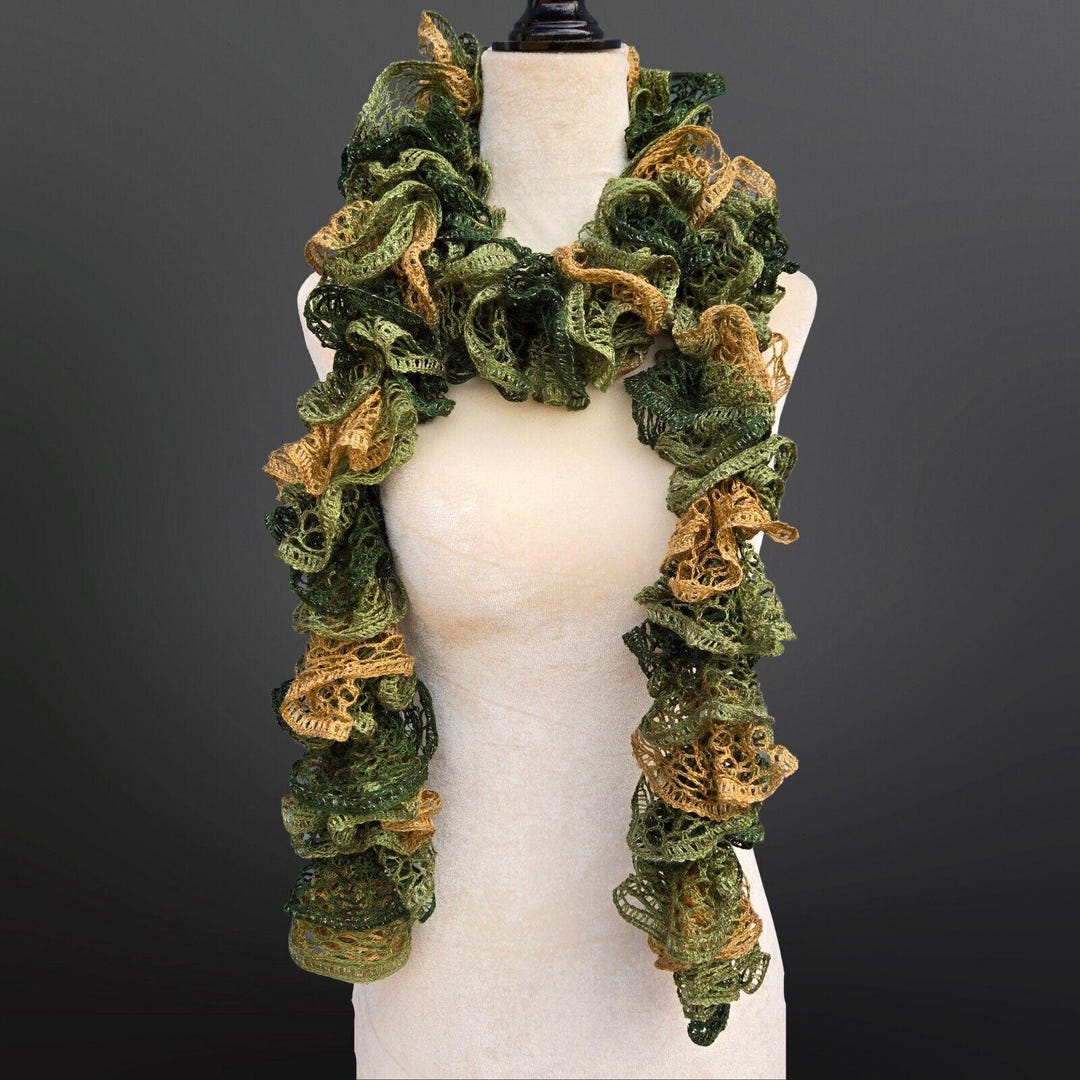 Y2K Ruffled Crochet Scarf Green Earth Tones Boho Grunge Mcbling Fairy ...