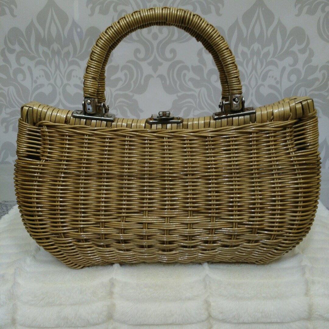 Vintage Wicker Woven Handbag Basket Bag Double Top Handle Medium Size ...