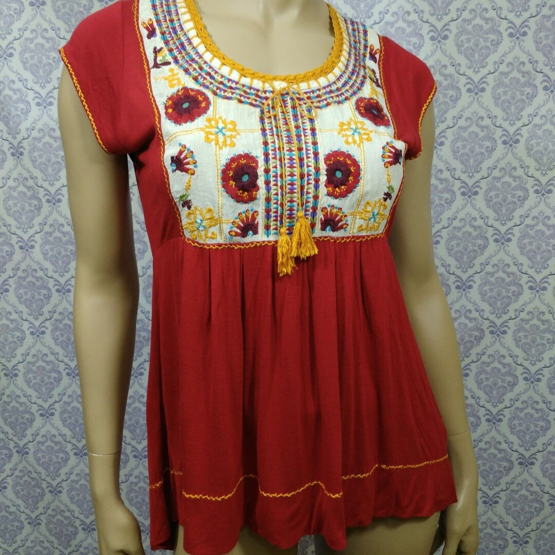 Y2K Boho Embroidered Peasant Top Womens S Red Babydoll Cap Sleeve ...