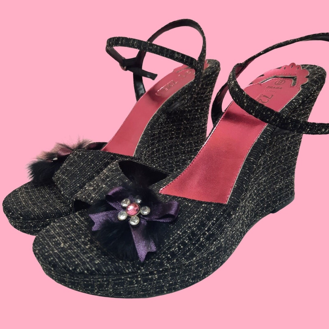 Y2K Wedge Heels Sandals US 9 Grey Tweed Rhinestones Bows Ankle Strap - Etsy