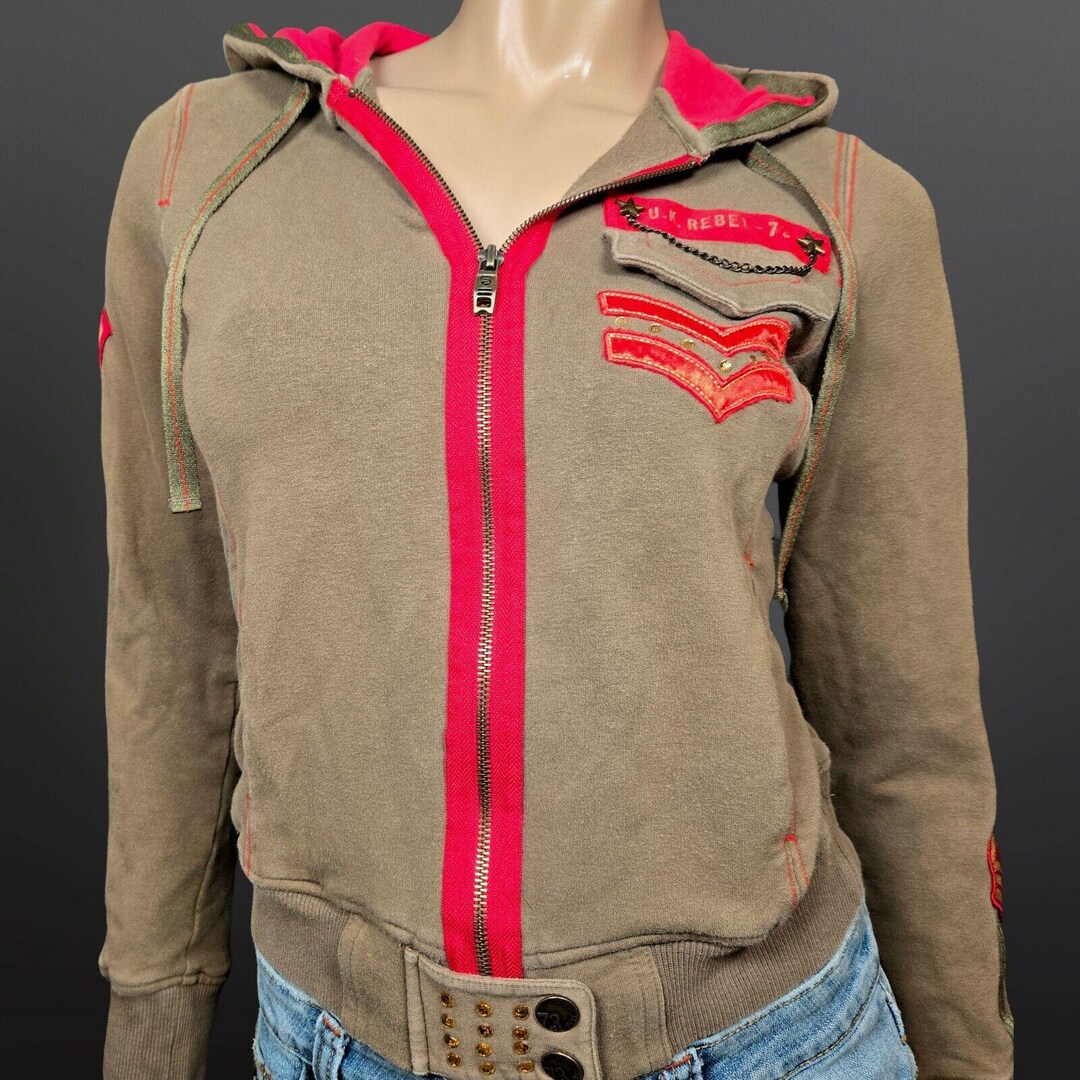 Y2K Pepe Jeans Hoodie Size S Full Zip Army Green Red Military Grunge ...