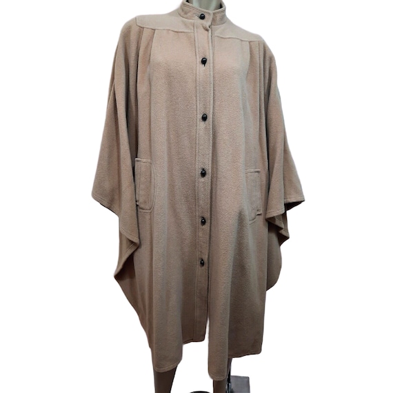 Vintage Long Wool Cape Coat With Pockets Beige Button… - Gem
