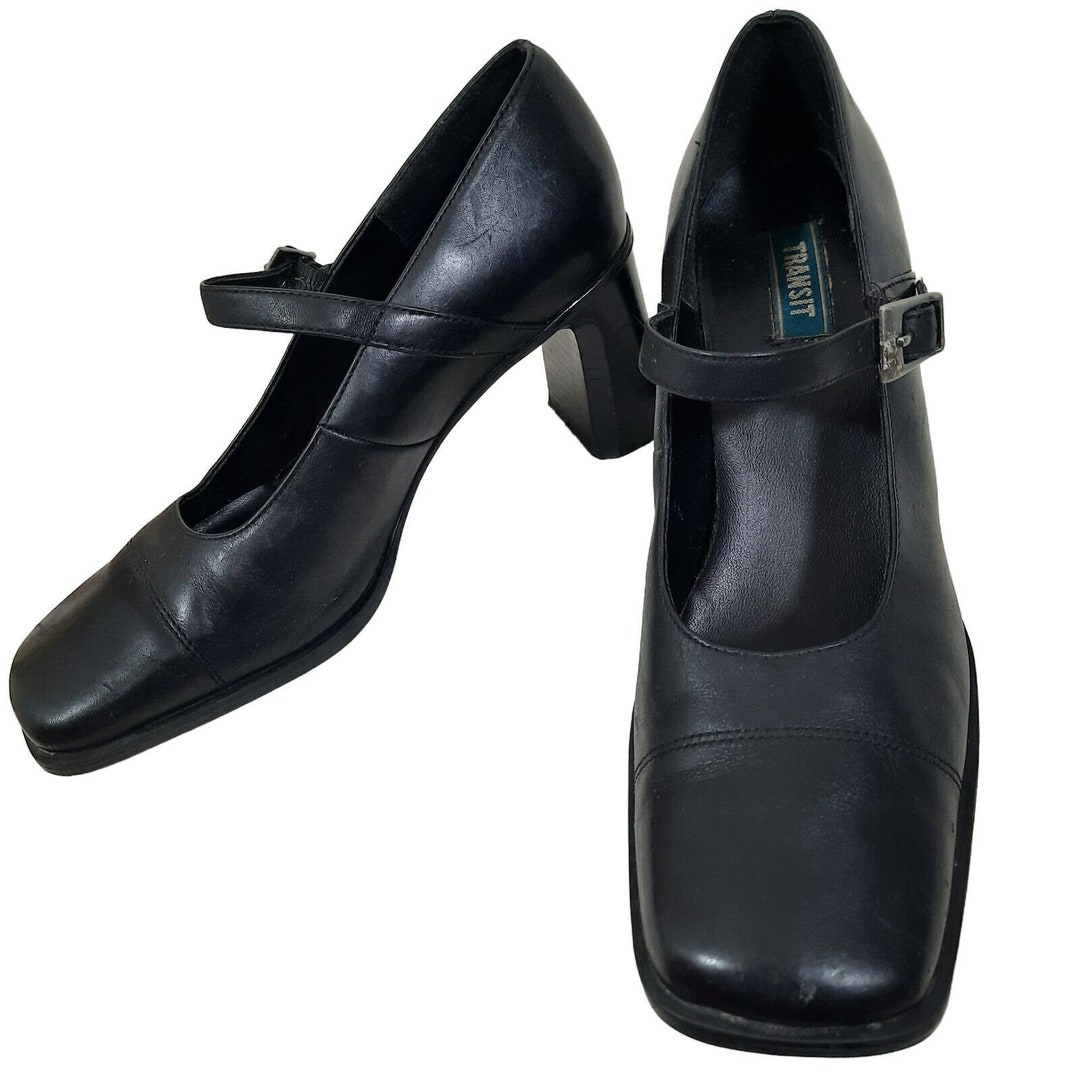 Vintage 90s Square Toe Mary Jane Heels Black Leather With - Etsy