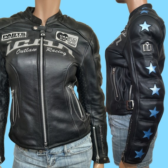 Y2K Icon Womens Leather Moto Racing Jacket Black Meta… - Gem