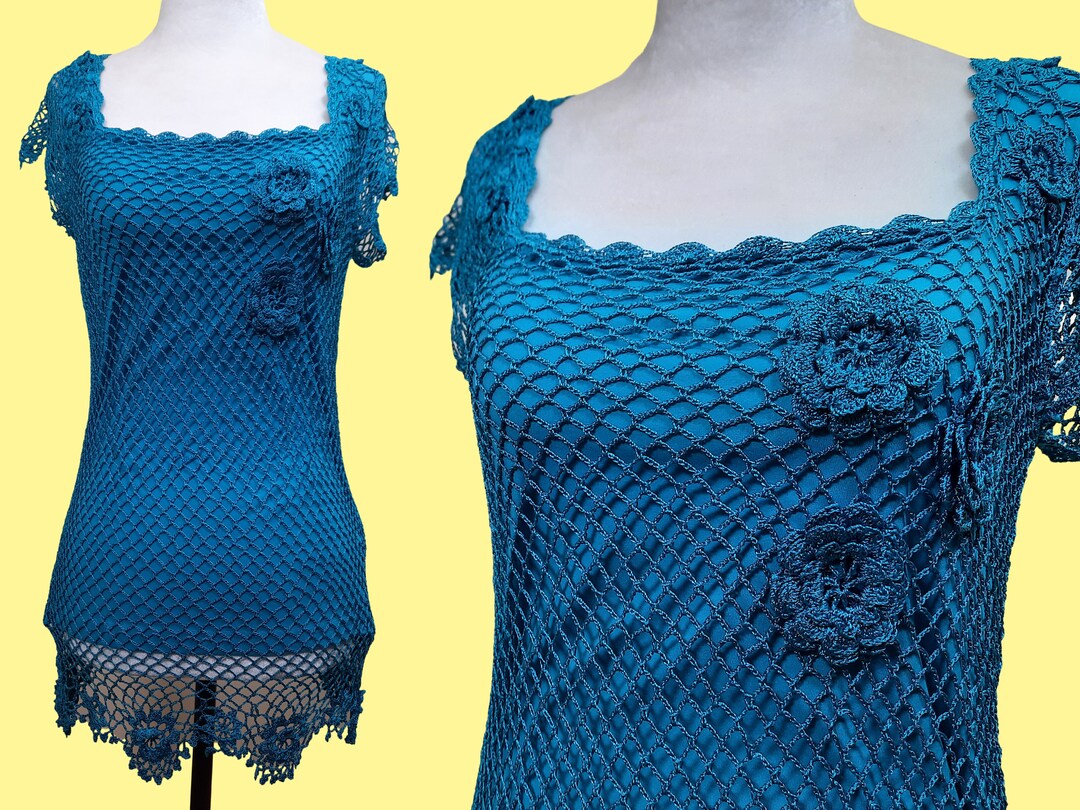 Y2K Crochet Top 3D Flowers Fitted Cap Sleeve Square Neck Turquoise Blue ...