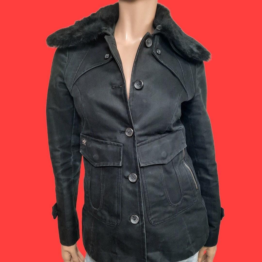 Y2K Parasuco Black Cotton Jacket Wide Rabbit Fur Collar Short Fitted ...