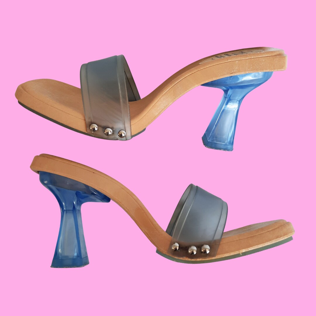 Vintage 90s Y2K Clear Plastic PVC Mules Faux Wood Transparent Blue ...