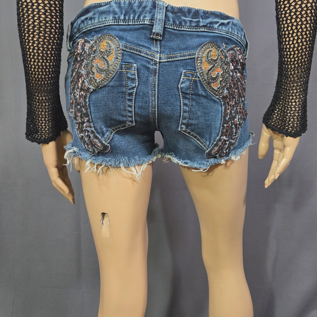 Y2K Parasuco Low Rise Angel Wings Denim Shorts Size S 26 Waist Embroidered Sequins - Etsy
