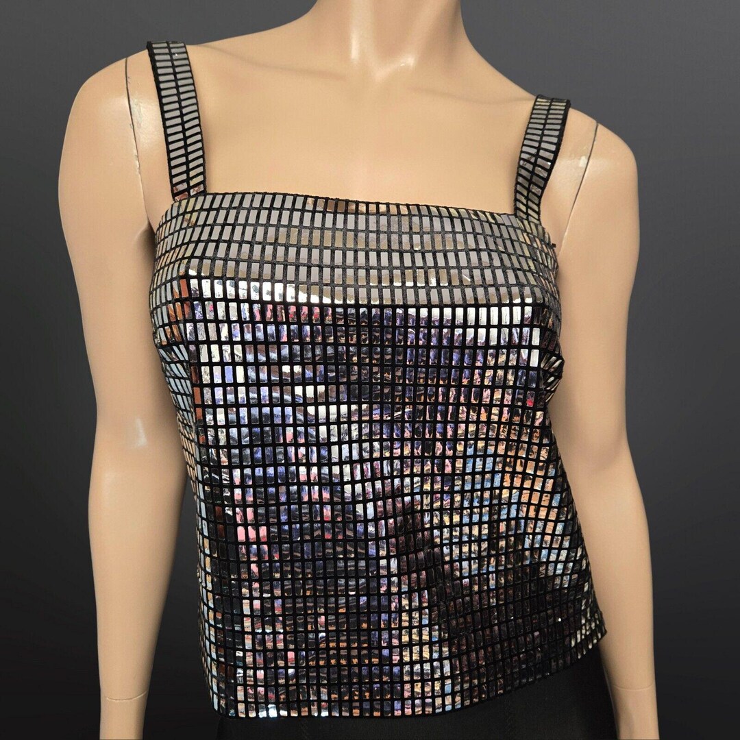 Vintage 90s Shiny Mirror Top Womens Size 6 Silver Disco Party Cocktail ...