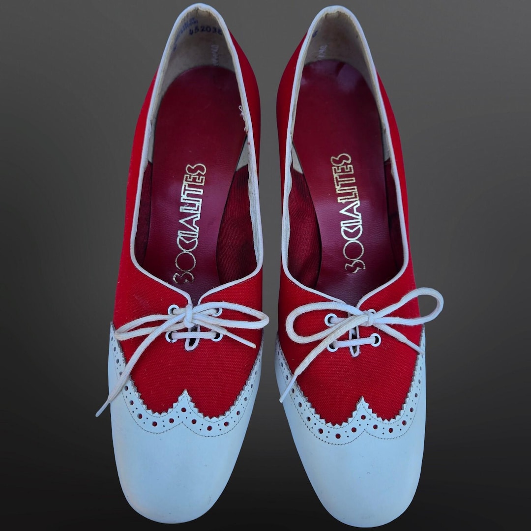 Vintage Socialites Spectator Heels Pumps Size 8 Red White 70s Does 40s ...