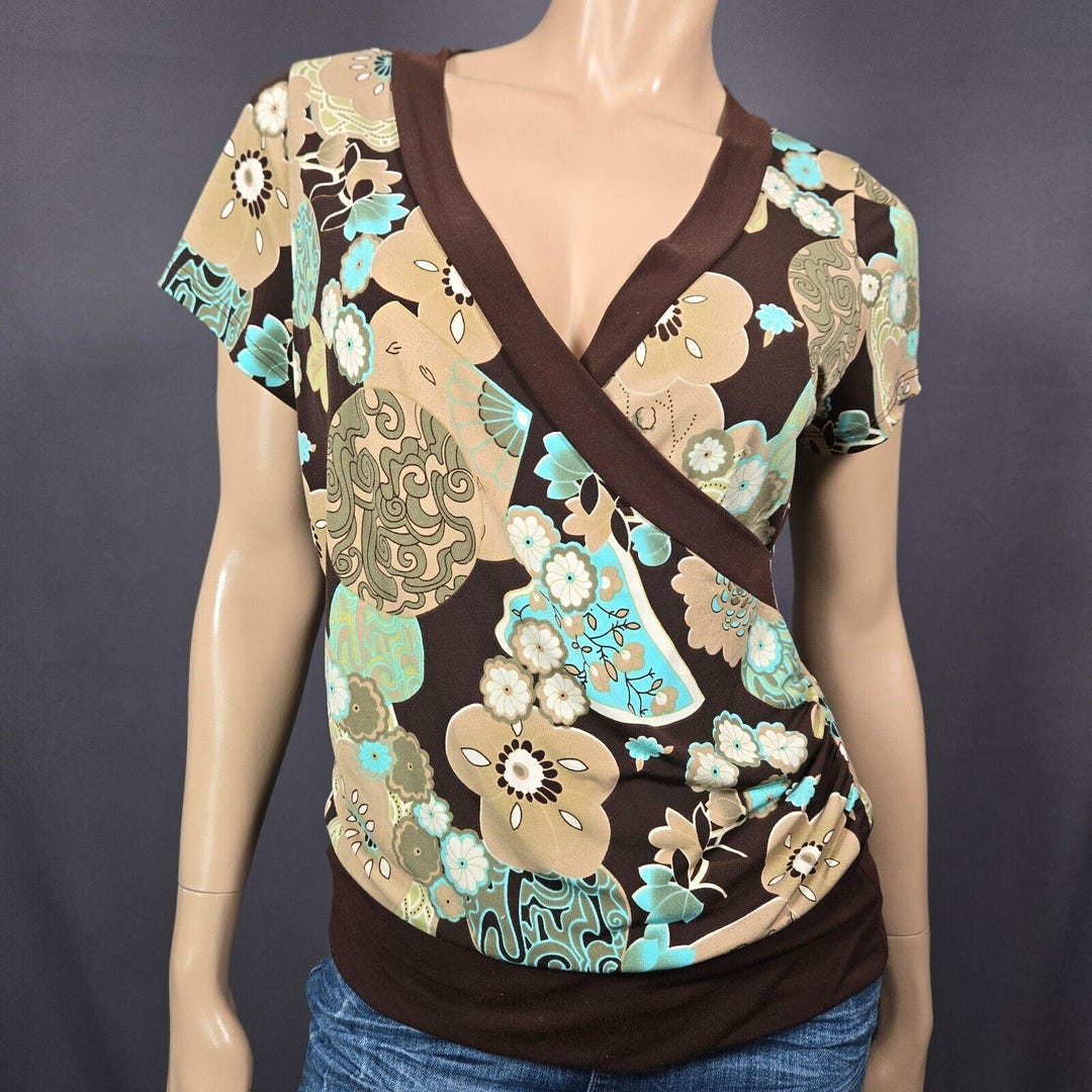 Vintage 90s Top Asian Floral Boho Print Womens Size L Brown Blue V Neck ...