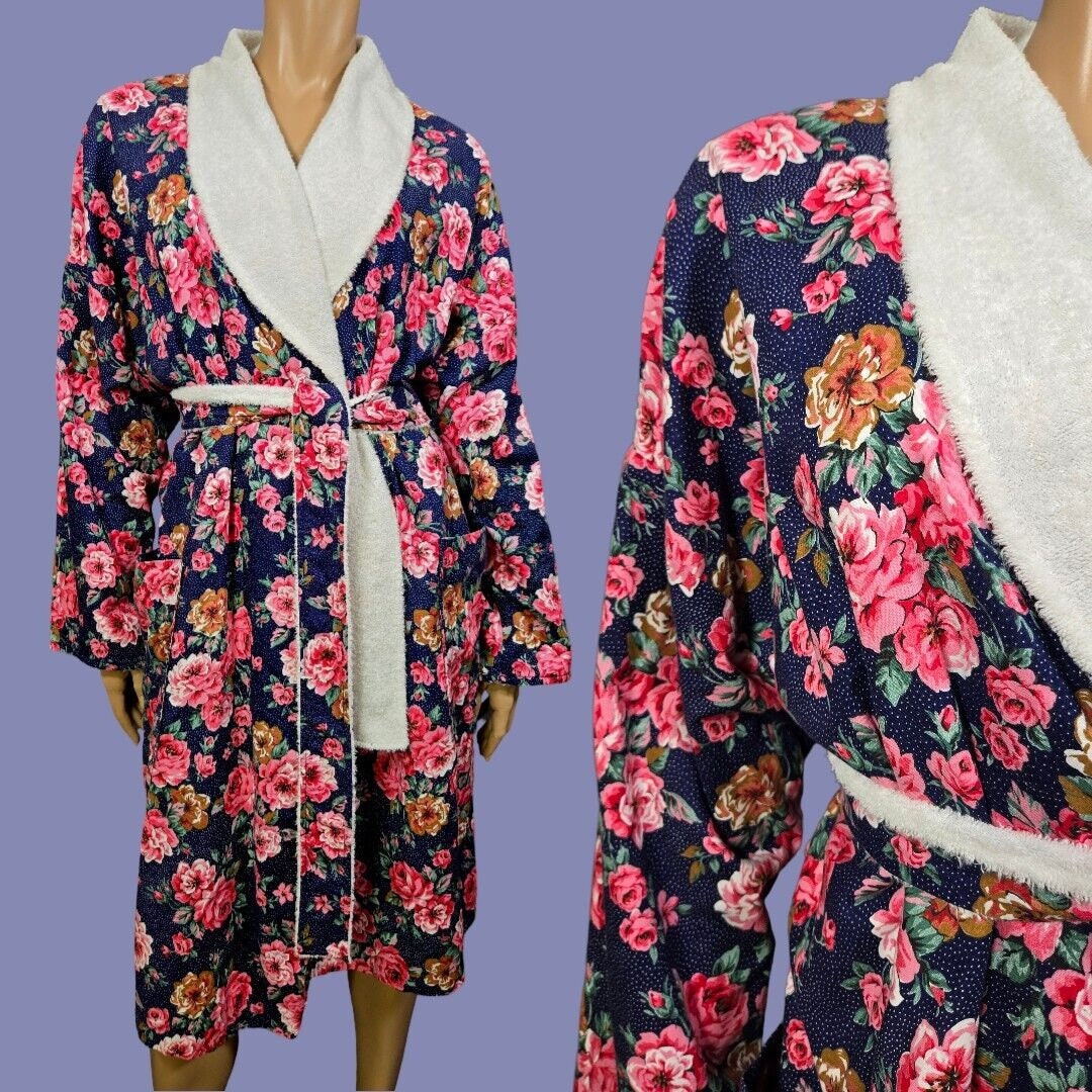 Vintage Diamond Tea Floral Cotton Robe Size L Terry Lined Navy Blue ...