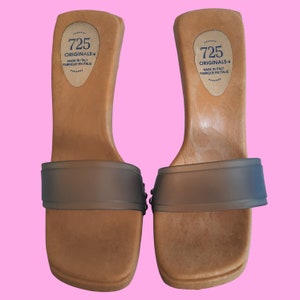Vintage 90s Y2K Clear Plastic PVC Mules Faux Wood Transparent Blue ...