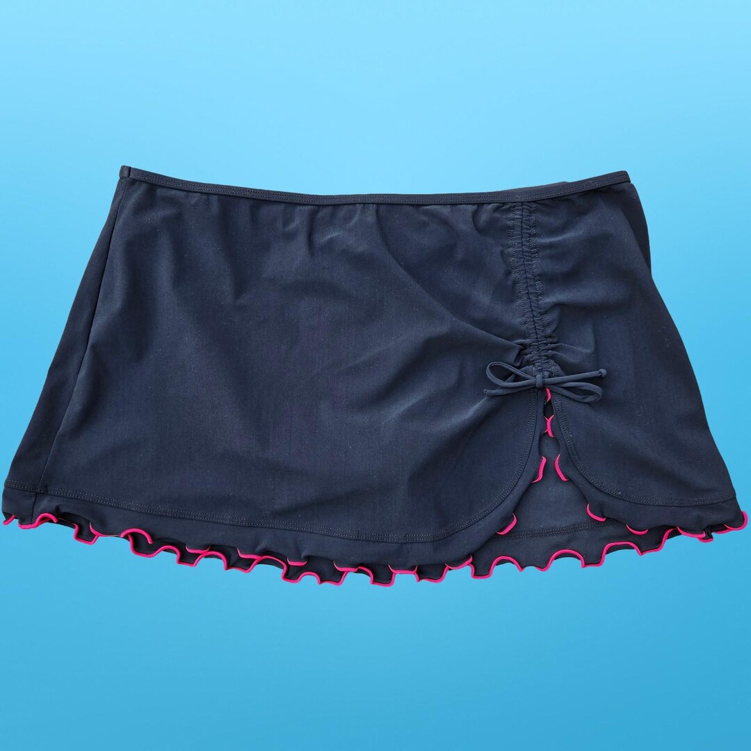 Y2K Black Micro Mini Swim Skirt Size L Red Lettuce Trim Low Rise Ruched ...