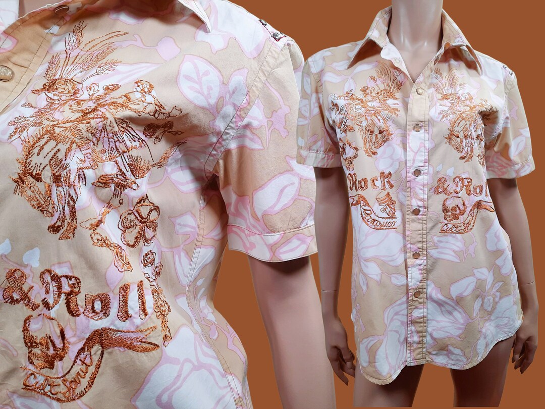Y2K Parasuco Shirt Western Rodeo Pearl Snap Embroidered Skull Rock N ...