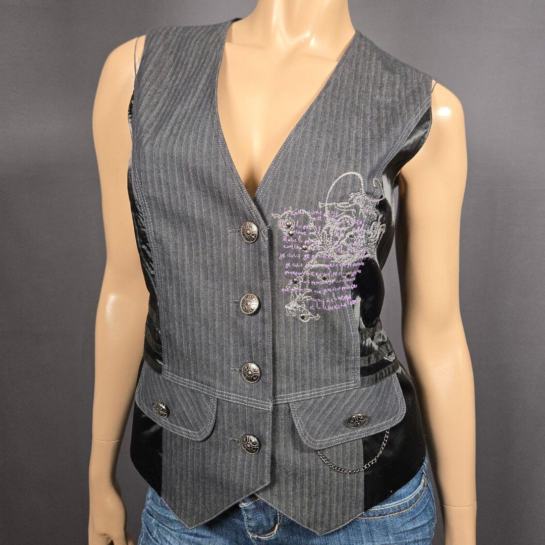 Y2K Vest Waistcoat Black Gray Pinstriped Size M Studded Chains Emo ...