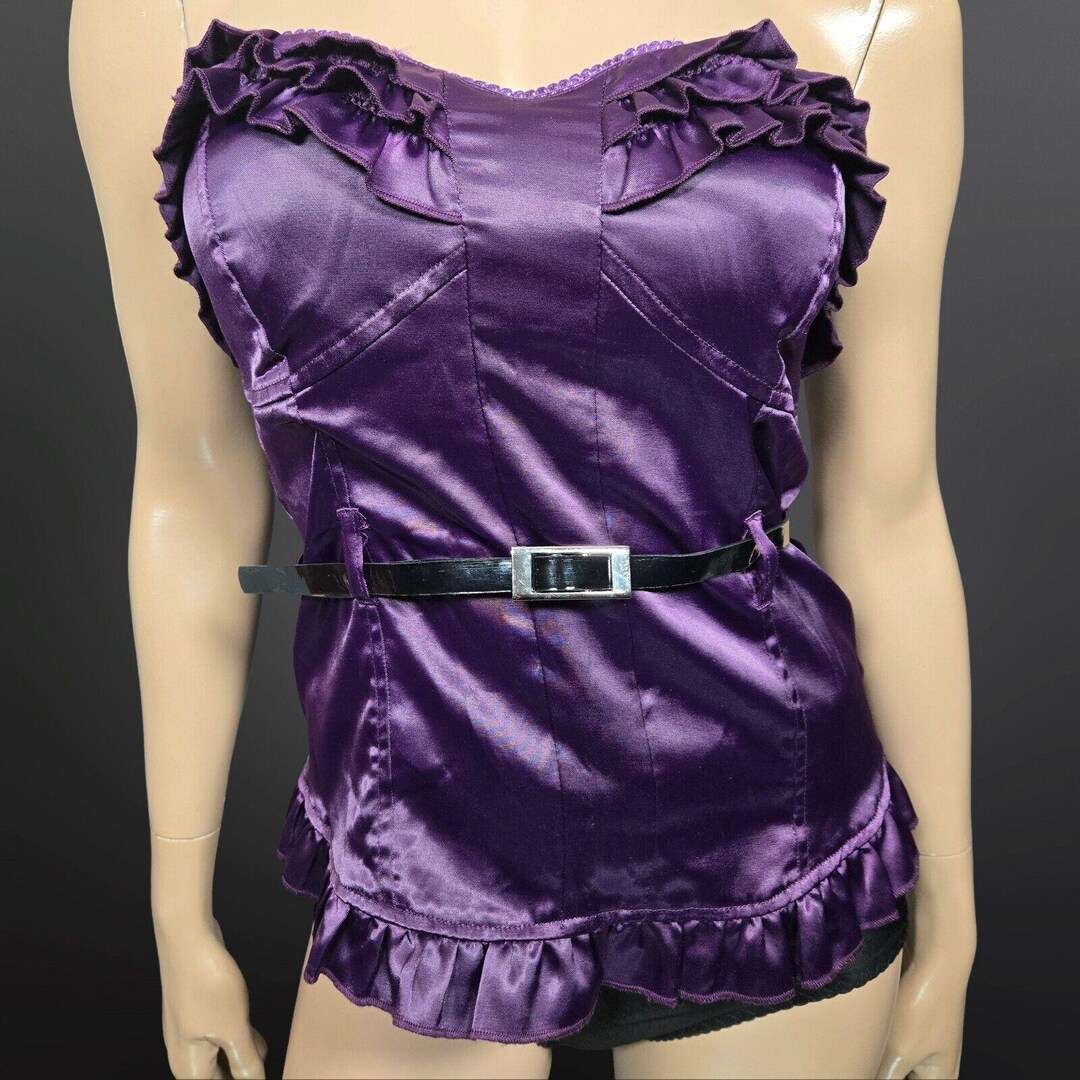 Y2K Purple Satin Bustier Top Womens Size M Whimsigoth Mcbling Ruffled ...
