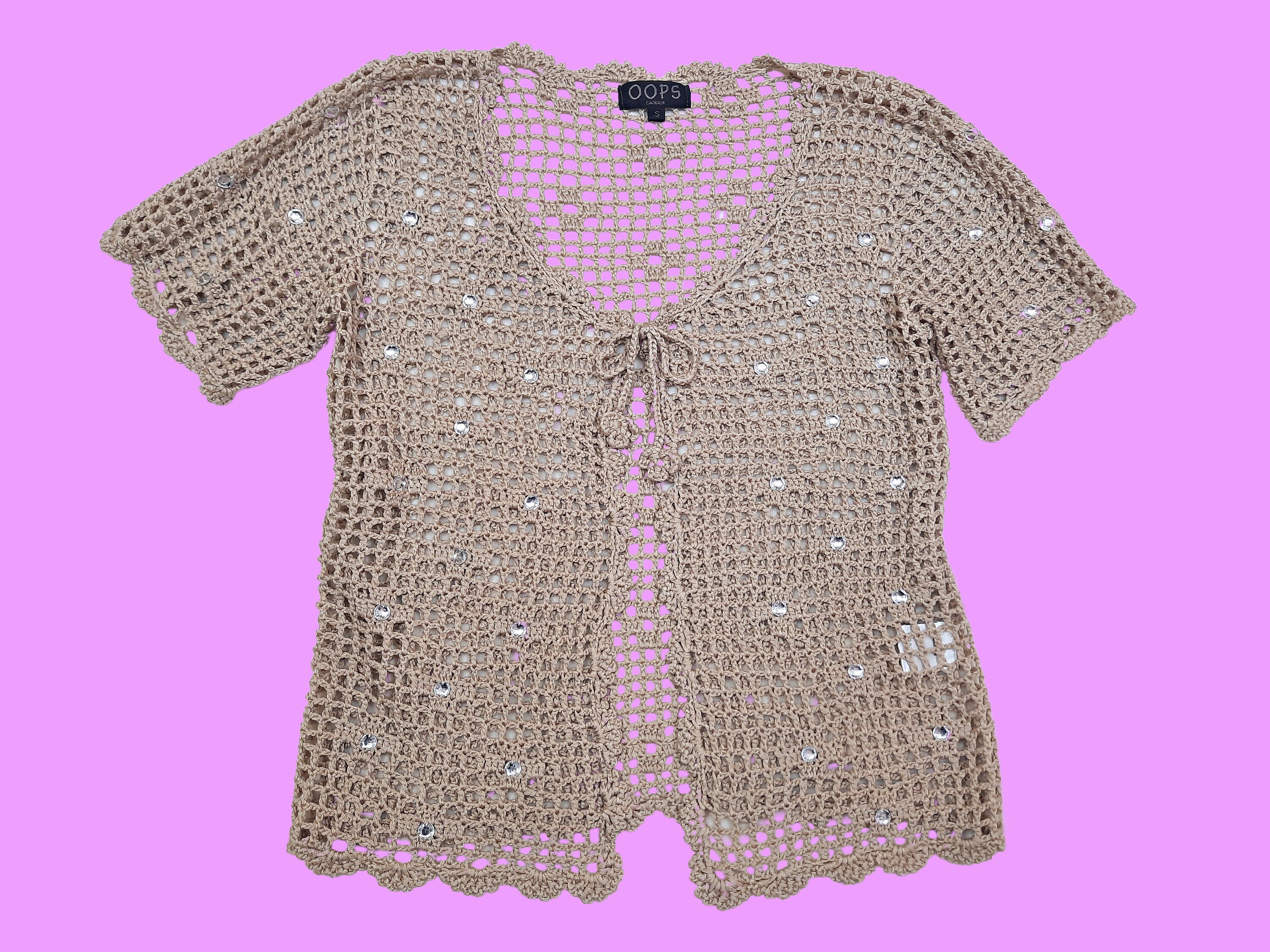 Y2K Early 00s Beige Crochet Cardigan Rhinestone Dotted Short - Etsy