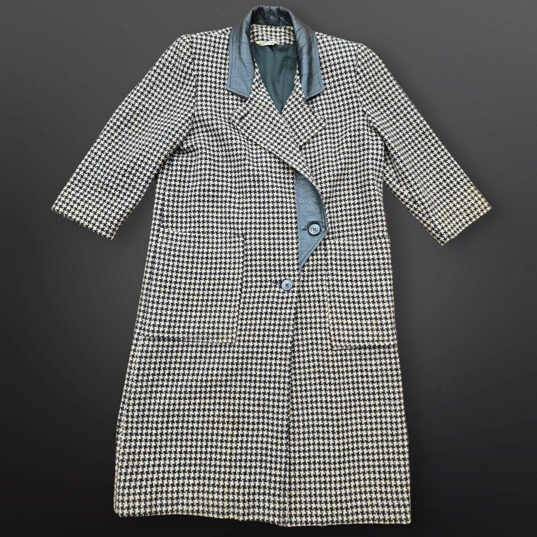Vintage 80s Long Houndstooth Coat Womens Size M Black Beige Leather ...