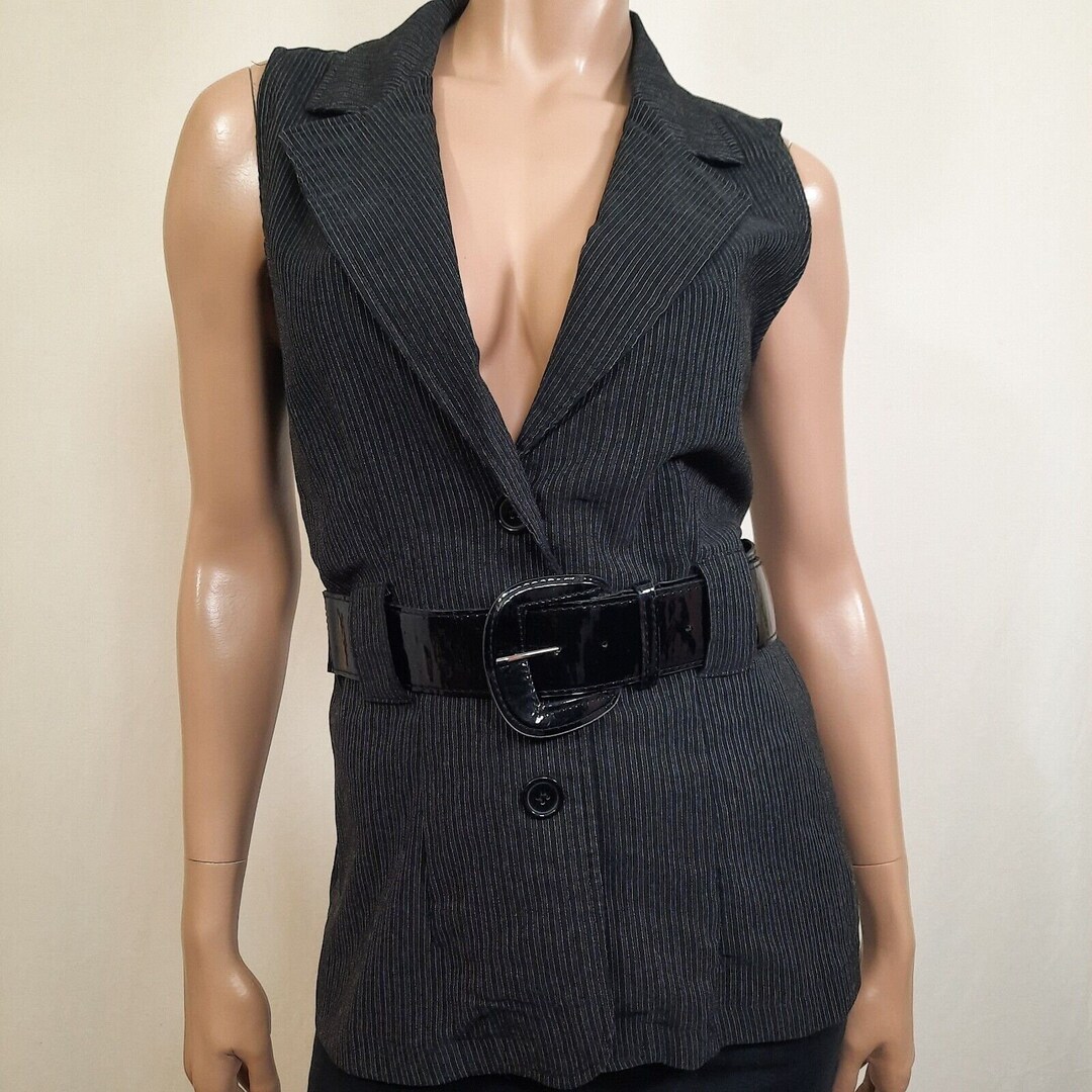 Y2K Belted Vest Waistcoat Black Pinstriped Stretch V Neck Size L - Etsy