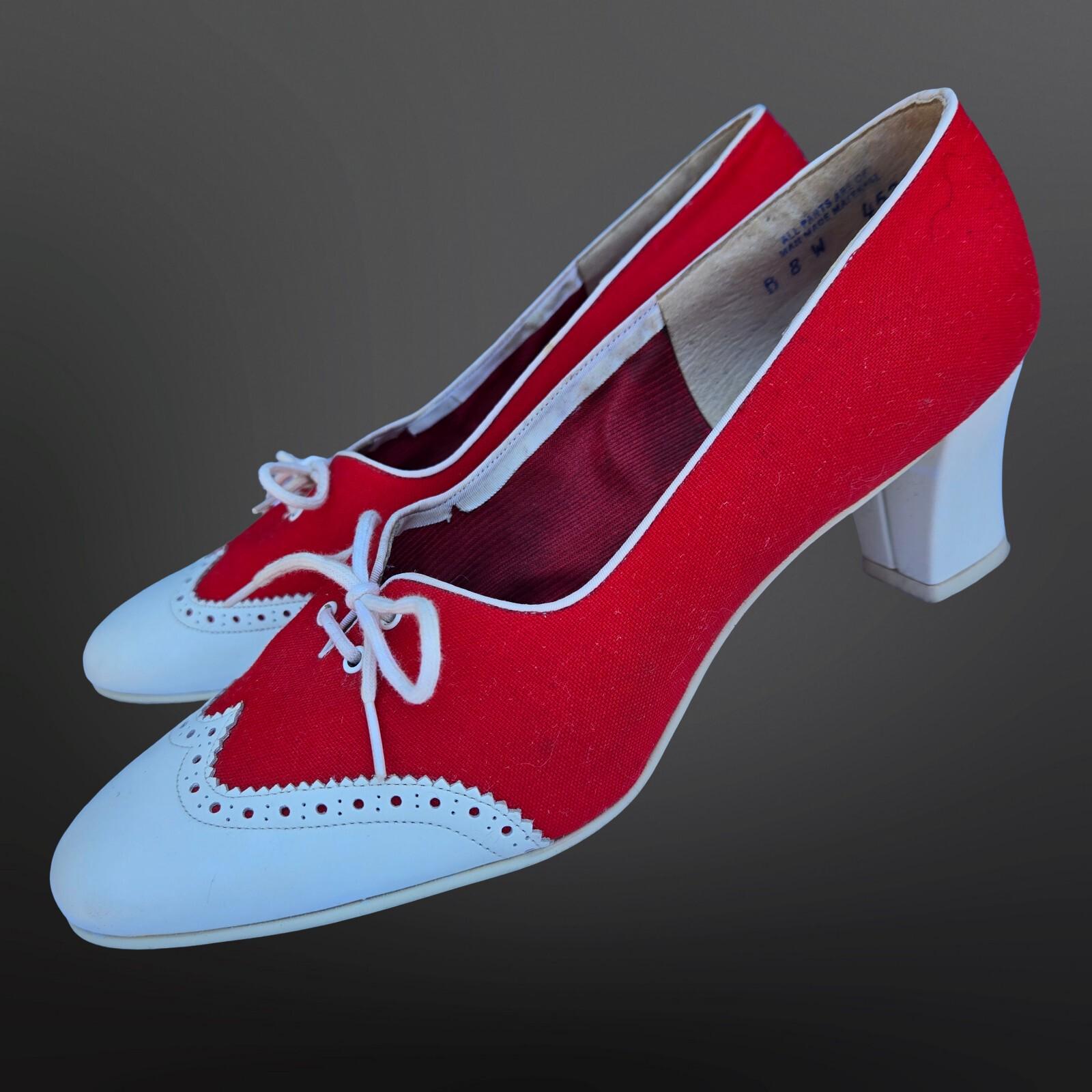Vintage Socialites Spectator Heels Pumps Size 8 Red White 70s Does 40s ...