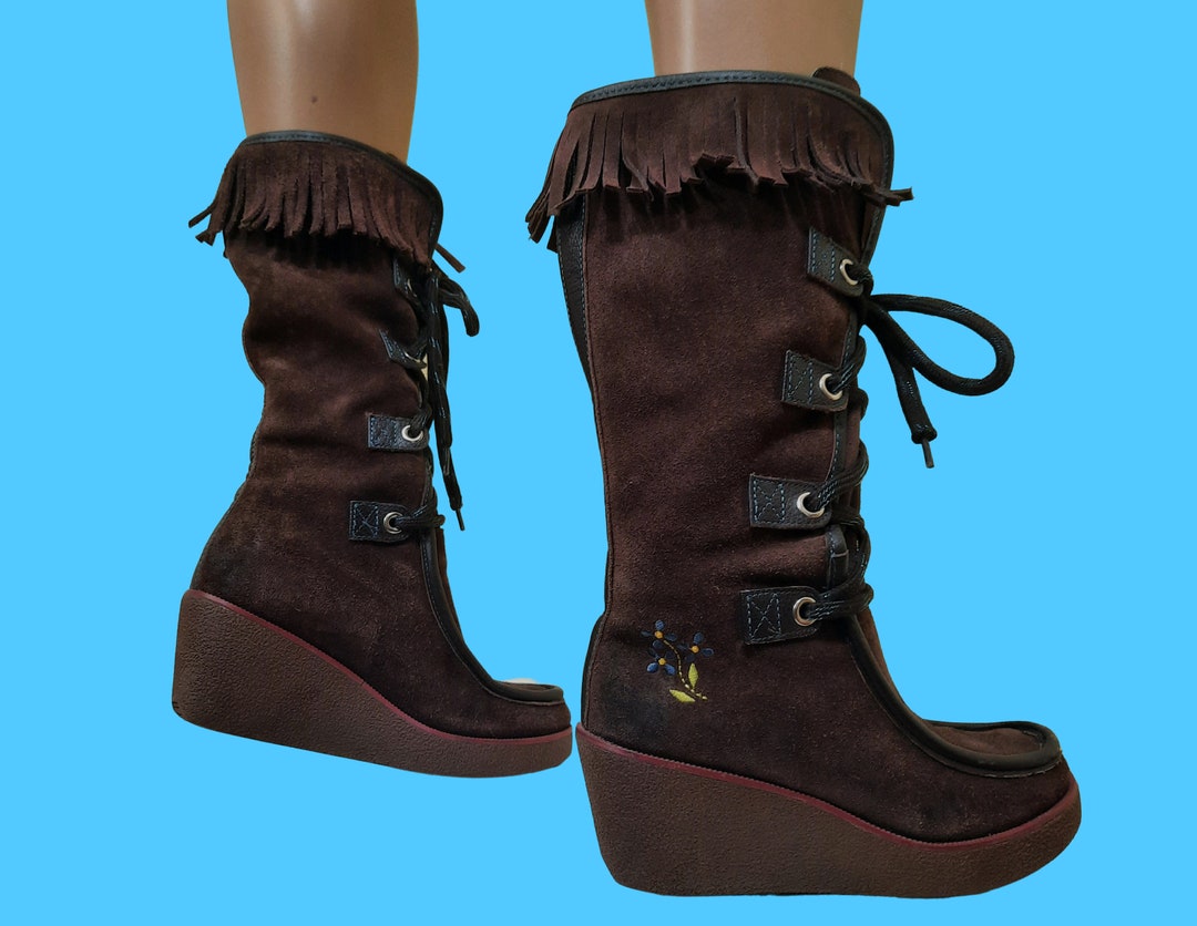 Vintage Y2K Brown Suede Fringed Boots Tommy Hilfiger Wedge Heel Lace up ...