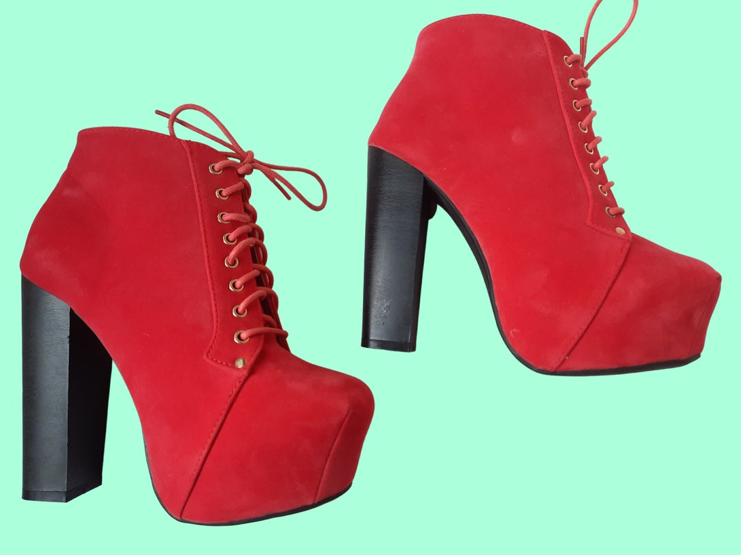 Y2K Red High Heel Platform Lace up Booties Boots US 8 Vegan Faux Suede ...