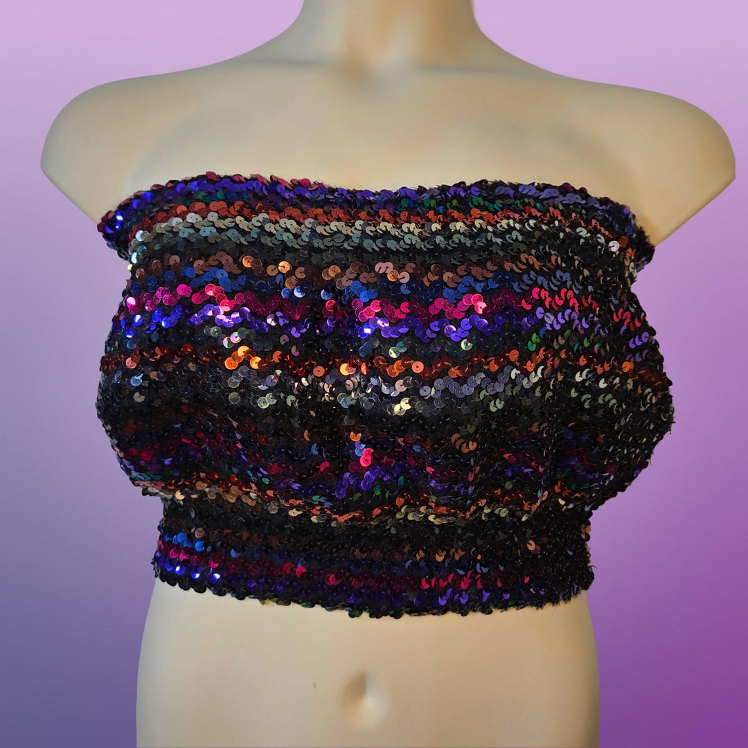 Vintage 70s Disco Sequin Tube Top Size XL Strapless Cropped Jewel Tone ...