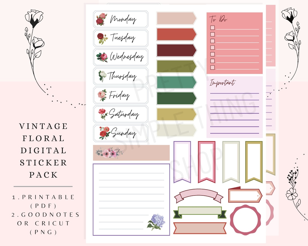 Vintage Floral Digital Sticker Pack | Goodnotes Digital Planning ...