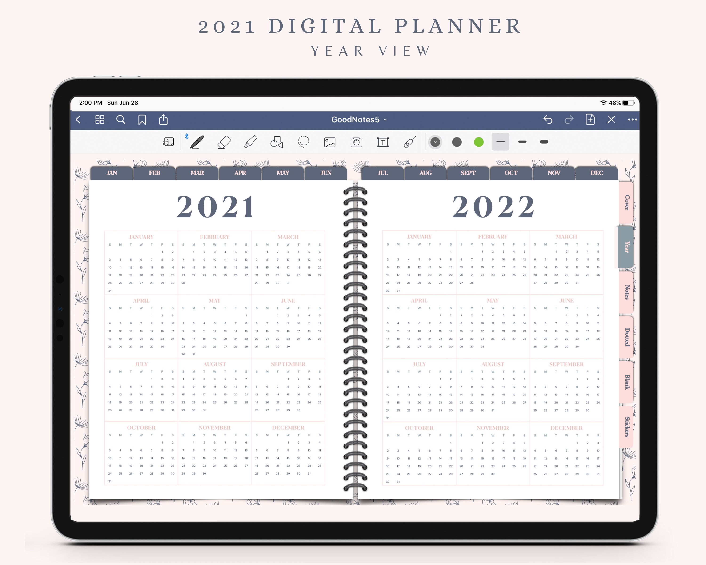 2021 Digital Planner Floral Blush and Gray Goodnotes Notability Zoom ...