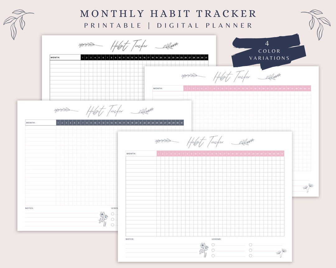 Boho Monthly Habit Tracker - 4 Color Variations Included | Printable ...