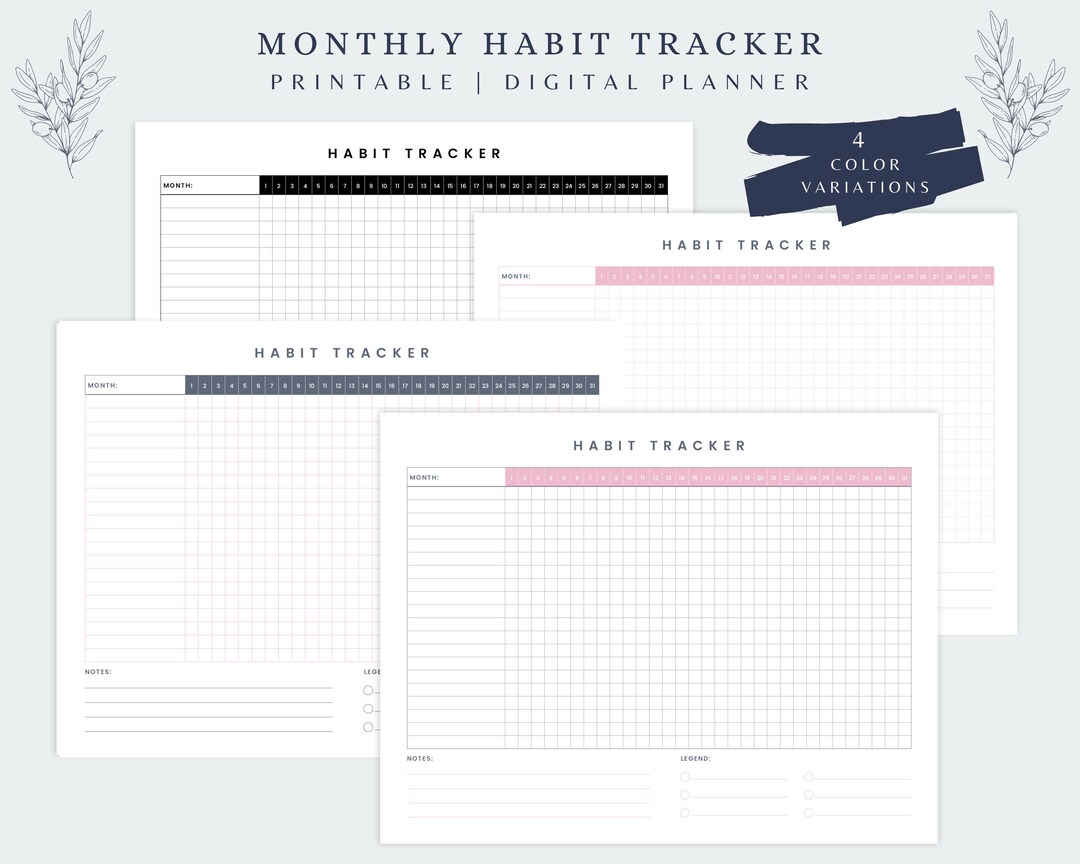 Minimalist Monthly Habit Tracker - 4 Color Variations Included ...